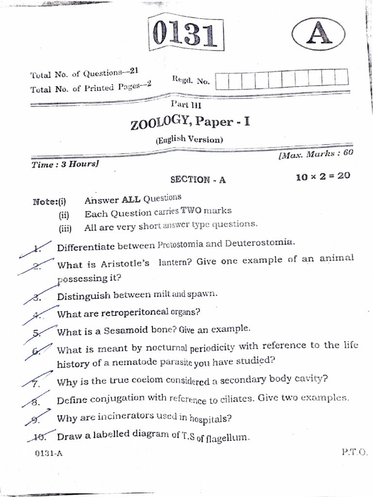2023 1st Year Zoology Question Paper | PDF | Zoology