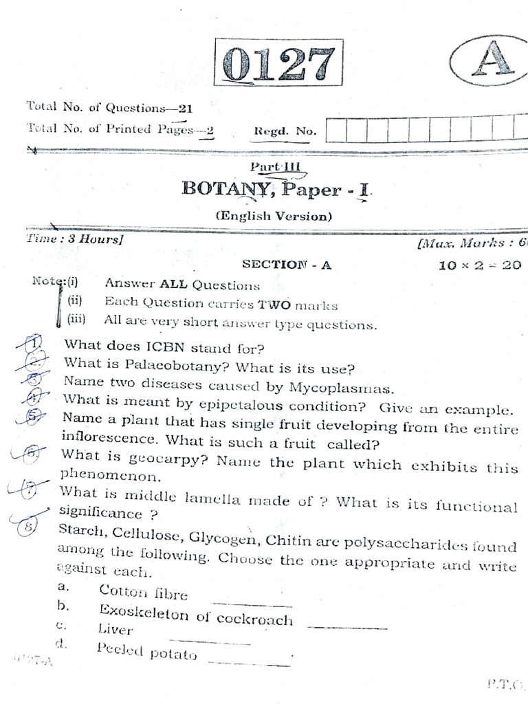 TS 1st Year Botany Model Paper 2026 | PDF | Botany | Polysaccharide