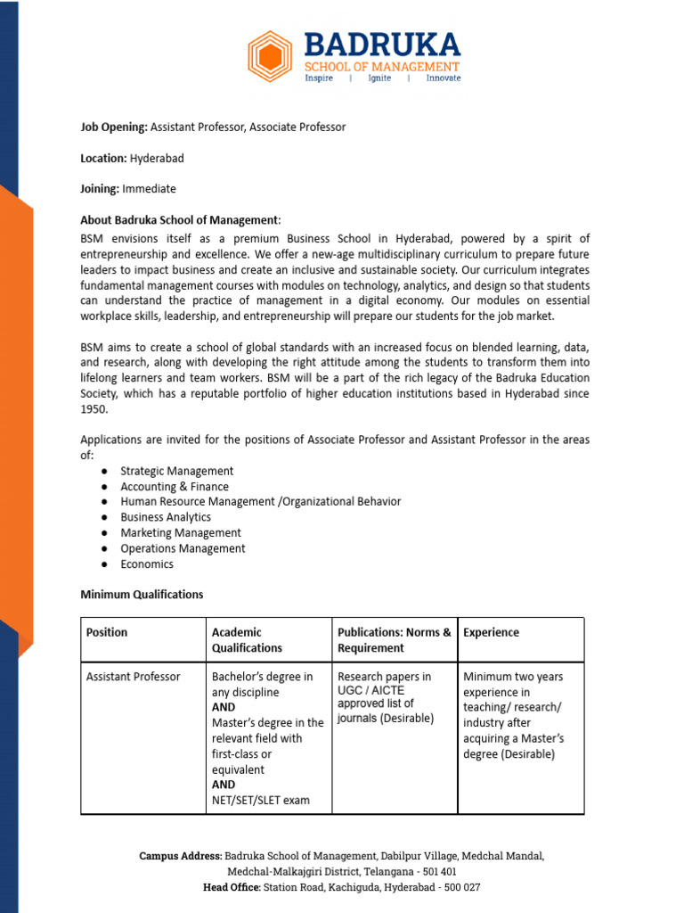 Faculty Positions At Badruka School Pdf Academic Degree Doctor Of