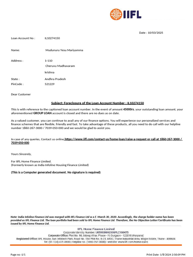 IIFL Loan Closure Confirmation Letter | PDF