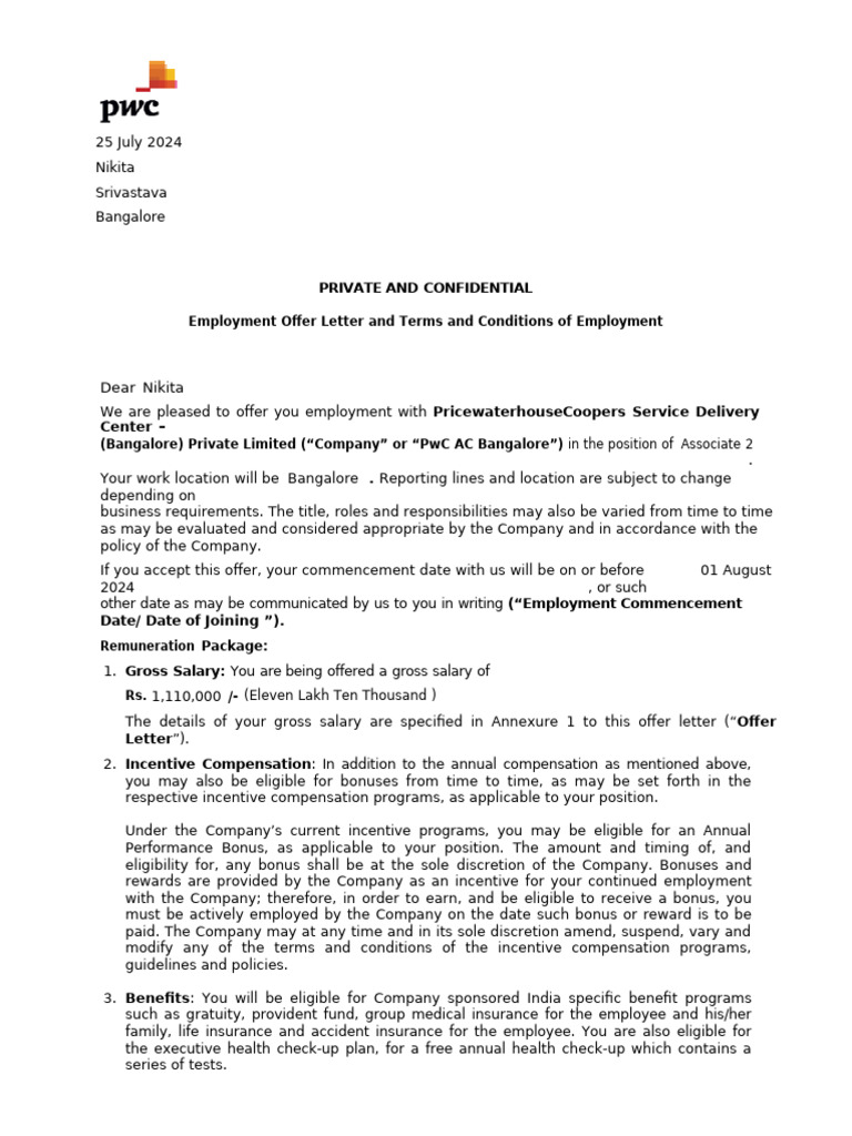 PwC Bangalore Employment Offer Letter | PDF | Sexual Harassment ...