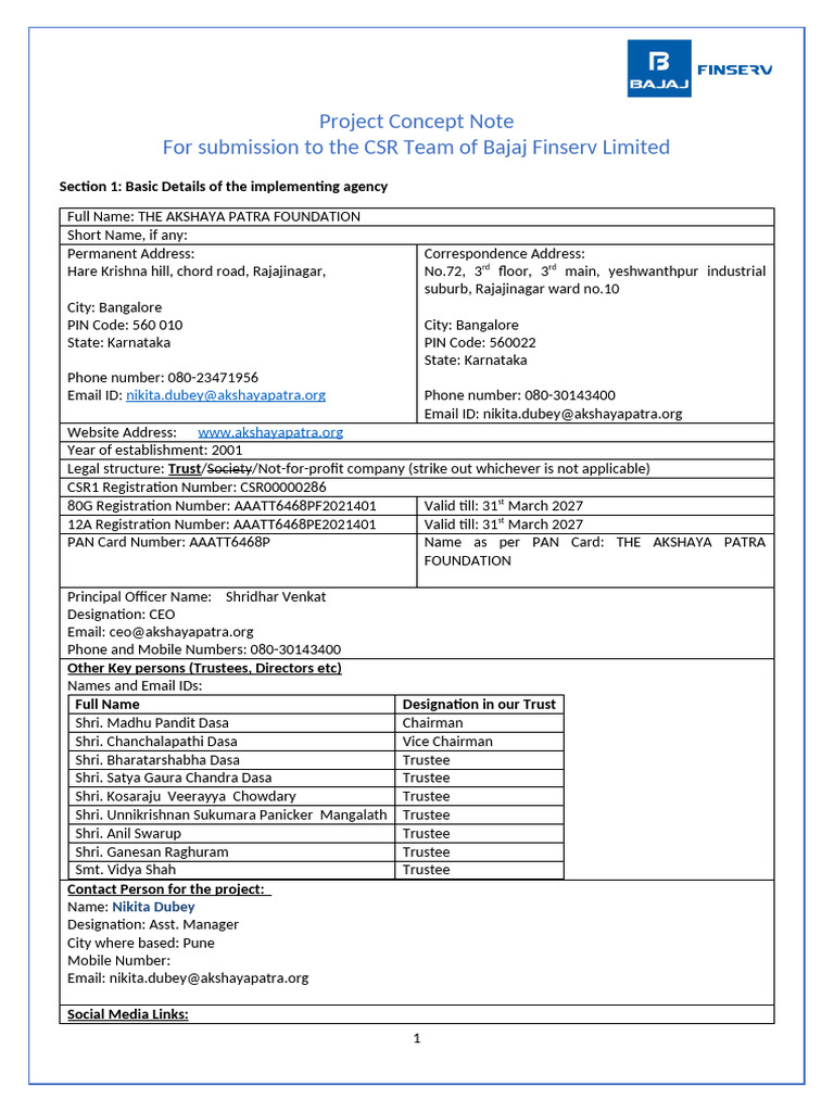 Project Concept Note BF - Updated New - TAPF Proposal To Bajaj | PDF | Malnutrition