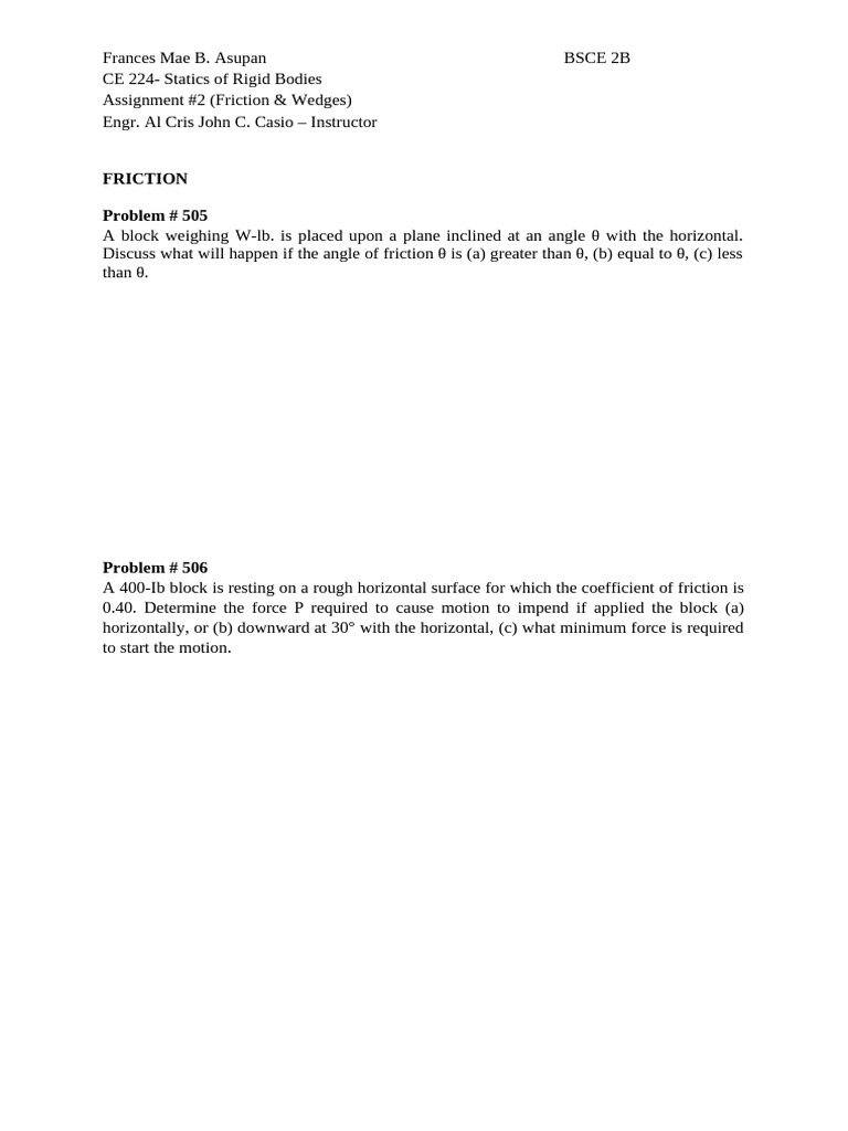Assignment #2 Finals (Statics of Rigid Bodies) | PDF | Friction | Force