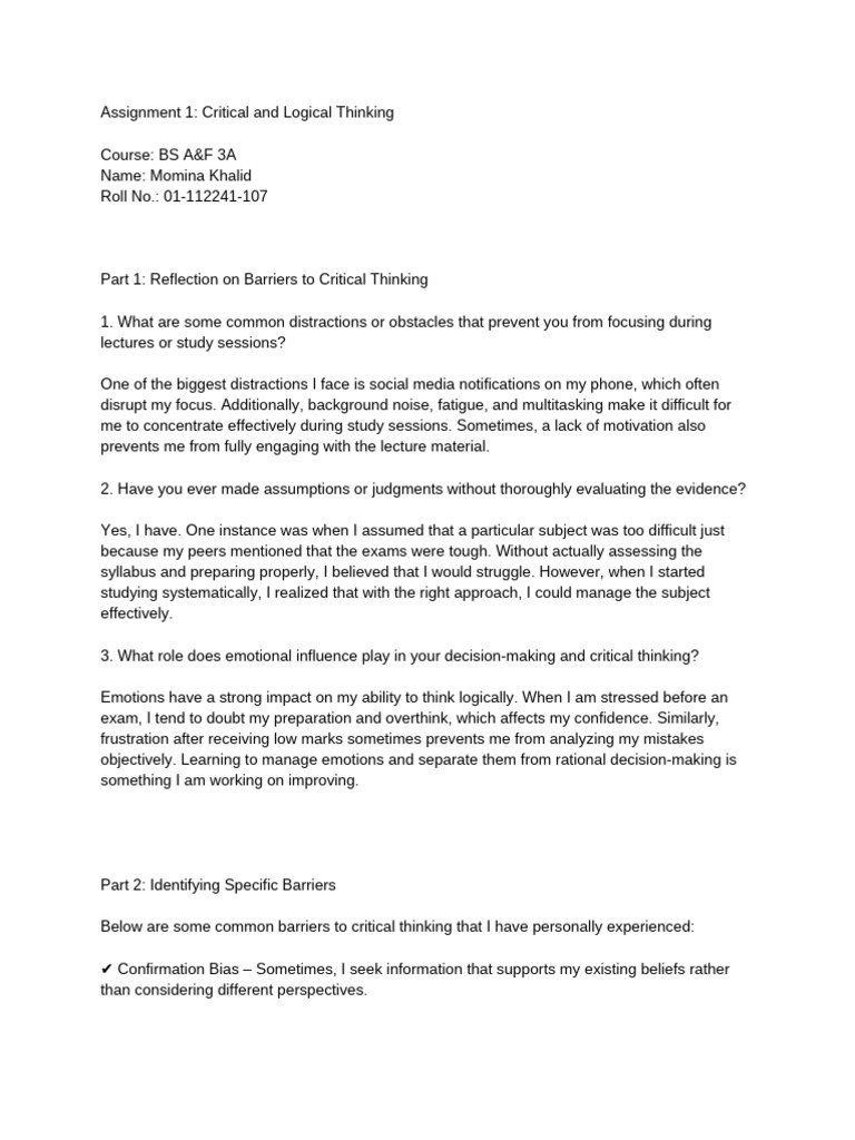 Assignment 1 - Critical and Logical Thinking | PDF | Critical Thinking | Thought