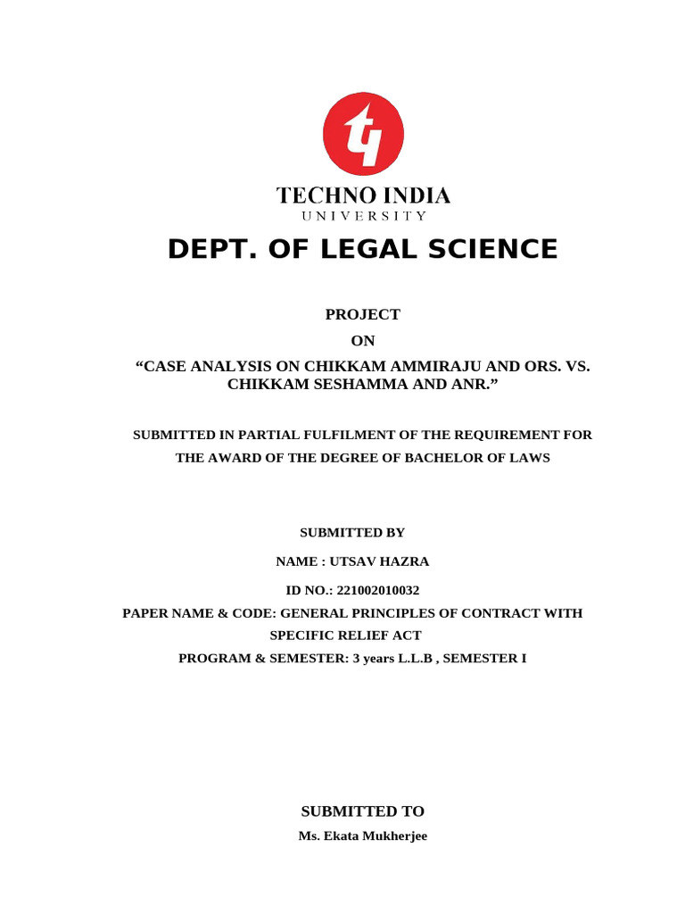 Case Analysis on Chikkam Ammiraju And Ors. vs Chikkam Seshamma And Anr. by Utsav Hazra | PDF ...