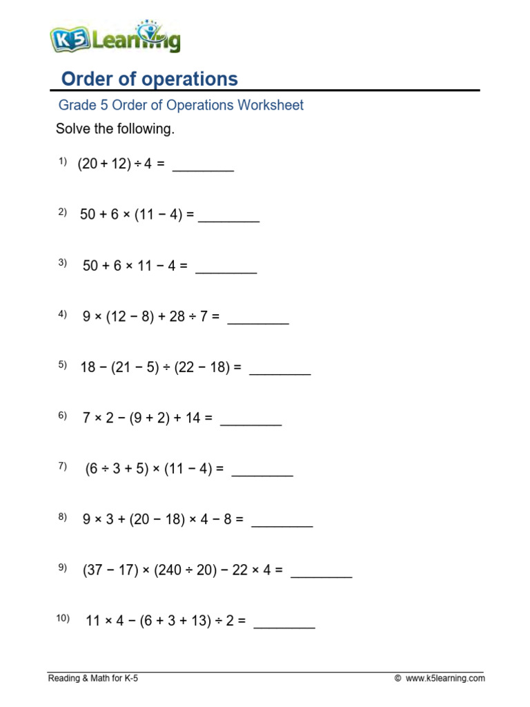Grade 5 Order Operations A | PDF