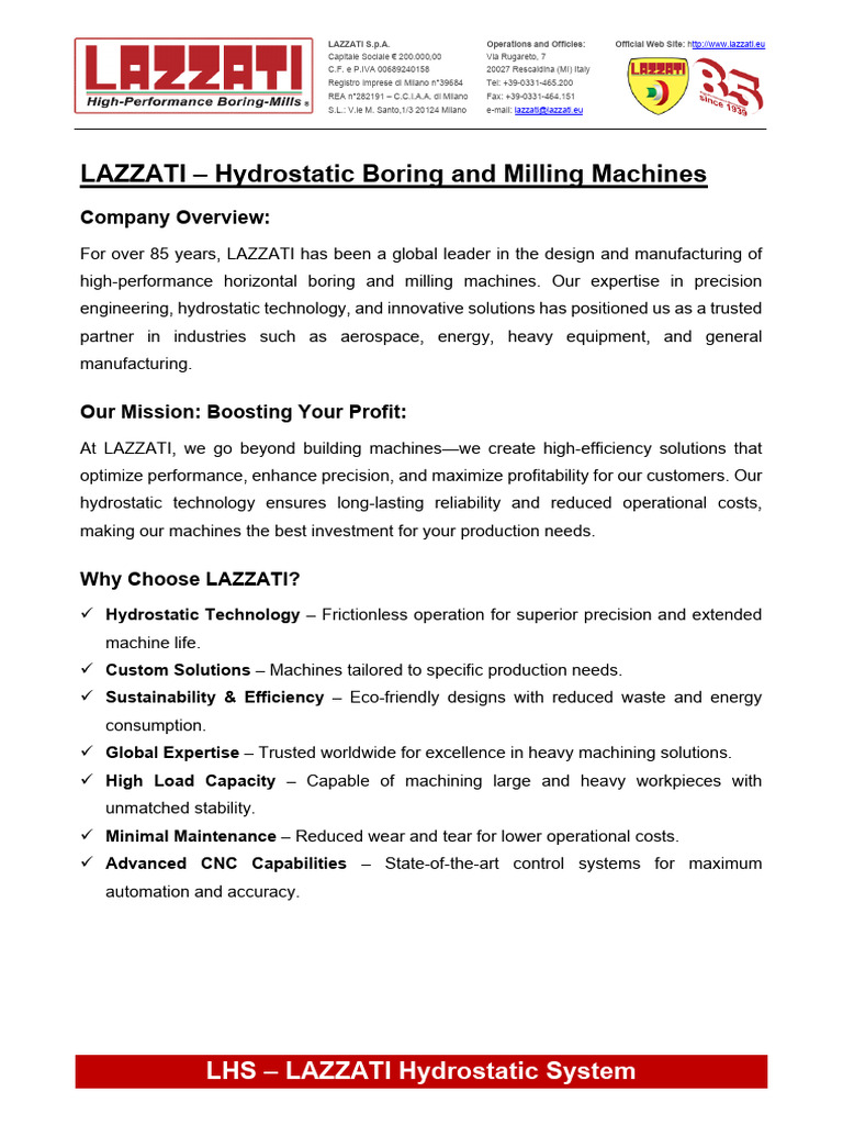 Lazzati Hydrostatic Boring Machine Specs | PDF | Numerical Control ...