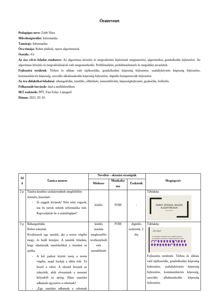 Zobb NóraRobot játékok, rajzos algoritmusok óratervezet | PDF