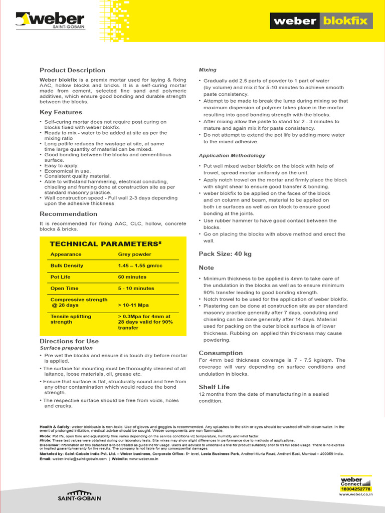 Weber Blokfix Mortar Data Sheet | PDF | Mortar (Masonry) | Masonry