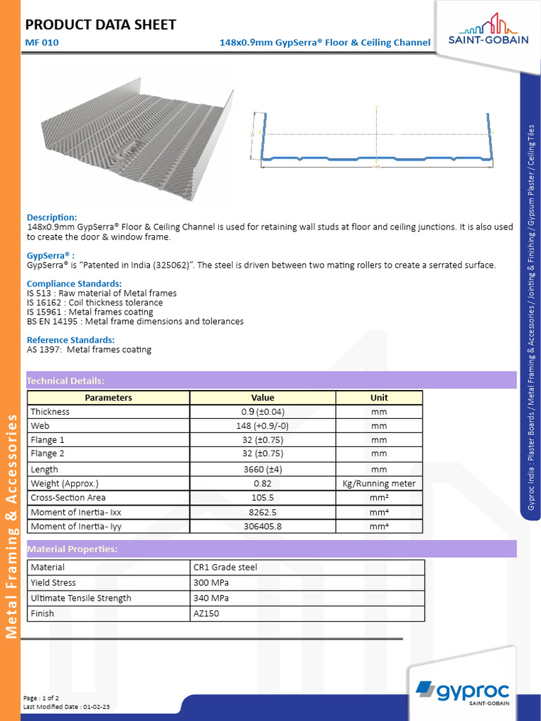 MF010 - 148x0.9mm 20GypSerra TDS | PDF | Drywall | Building Engineering