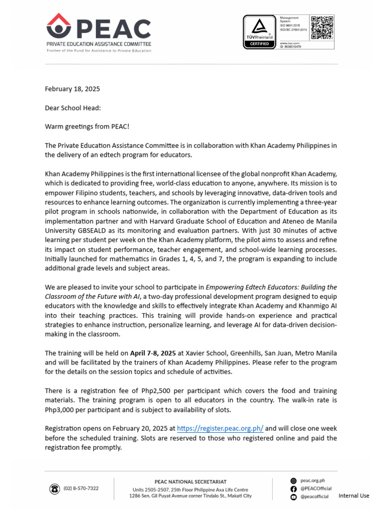 Invitation Letter_PEAC x Khan Academy Training | PDF | Educational ...