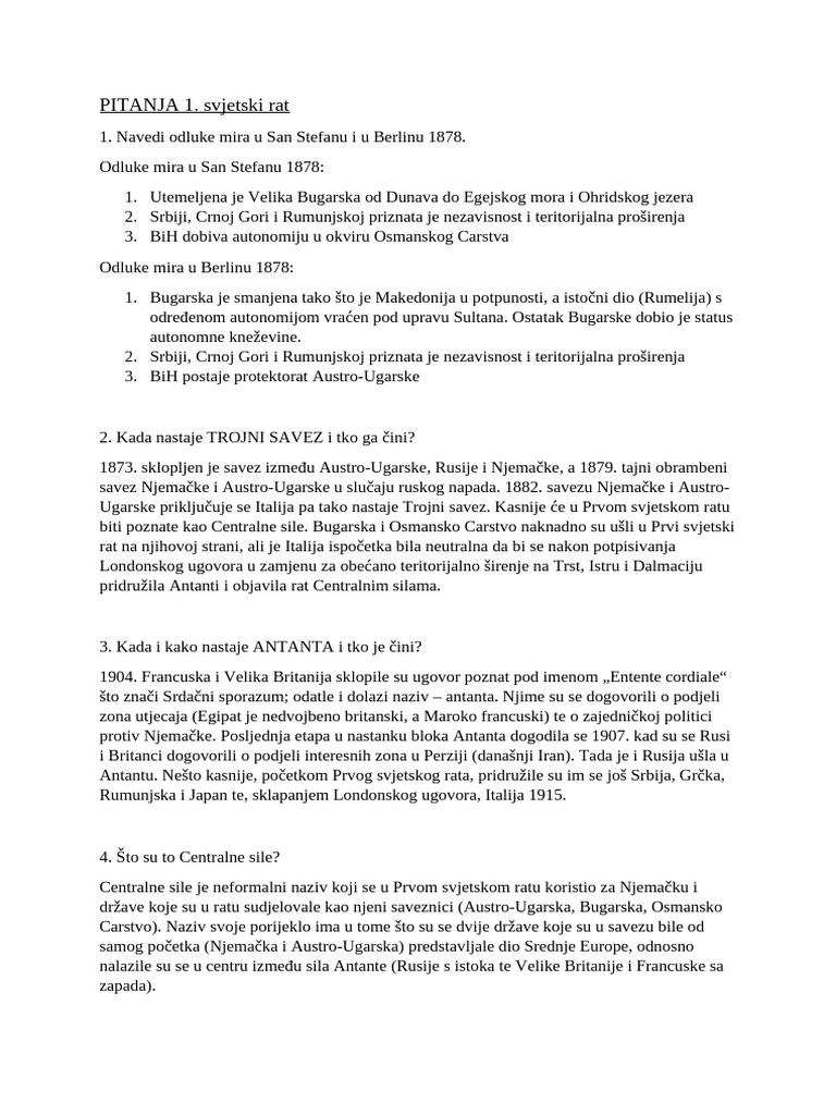 Pitanja 1. Svjetski Rat | PDF