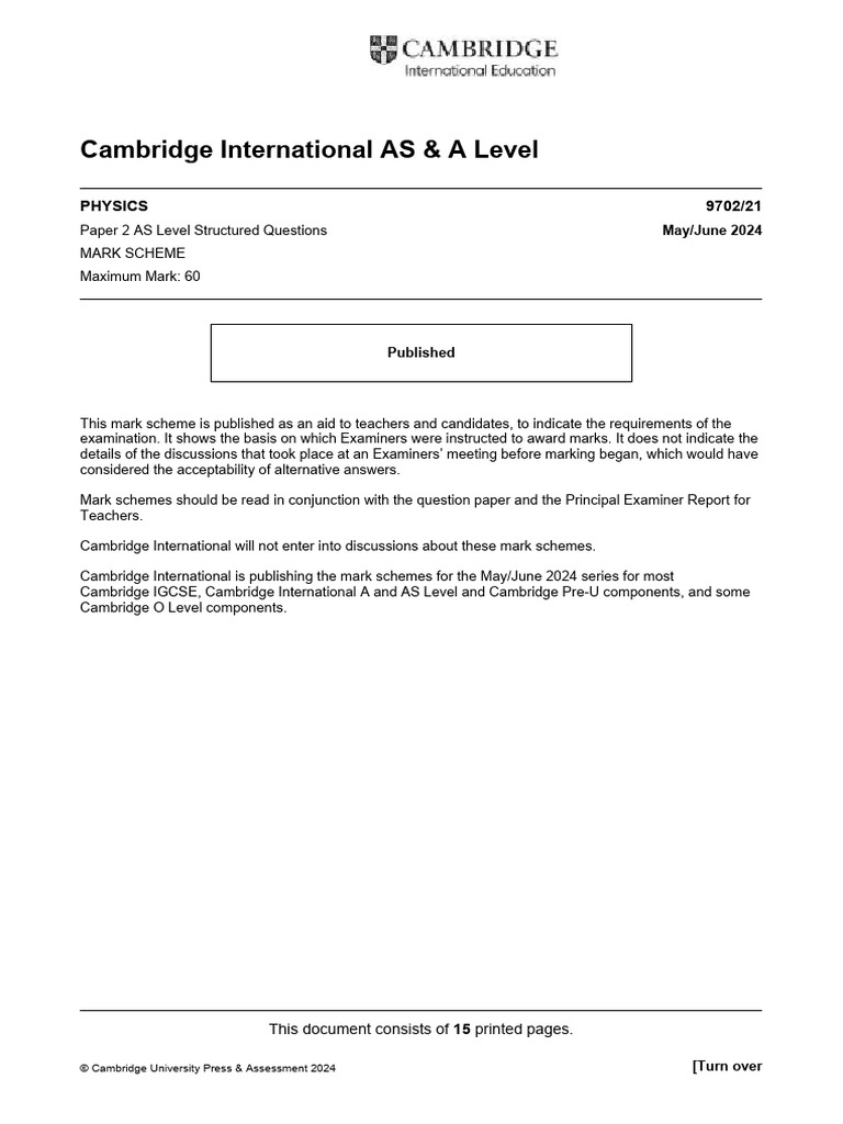 Cambridge International AS & A Level: Physics 9702/21 | PDF | Question | Physics