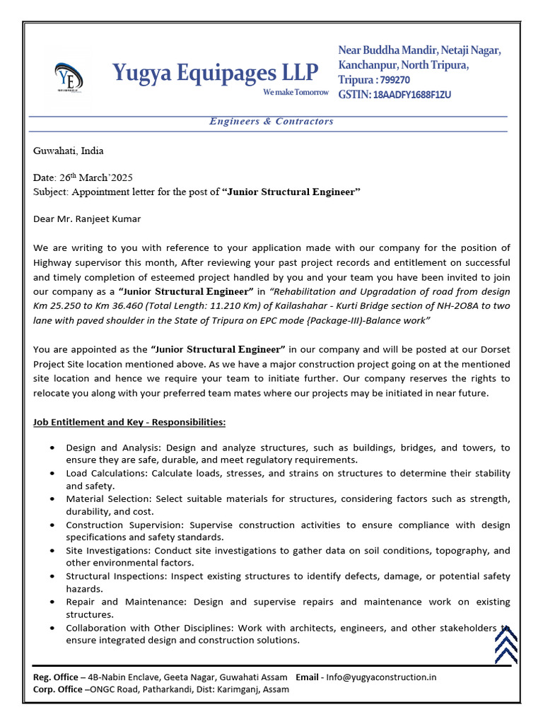 Appointment Letter To Junior Structural Engineer | PDF