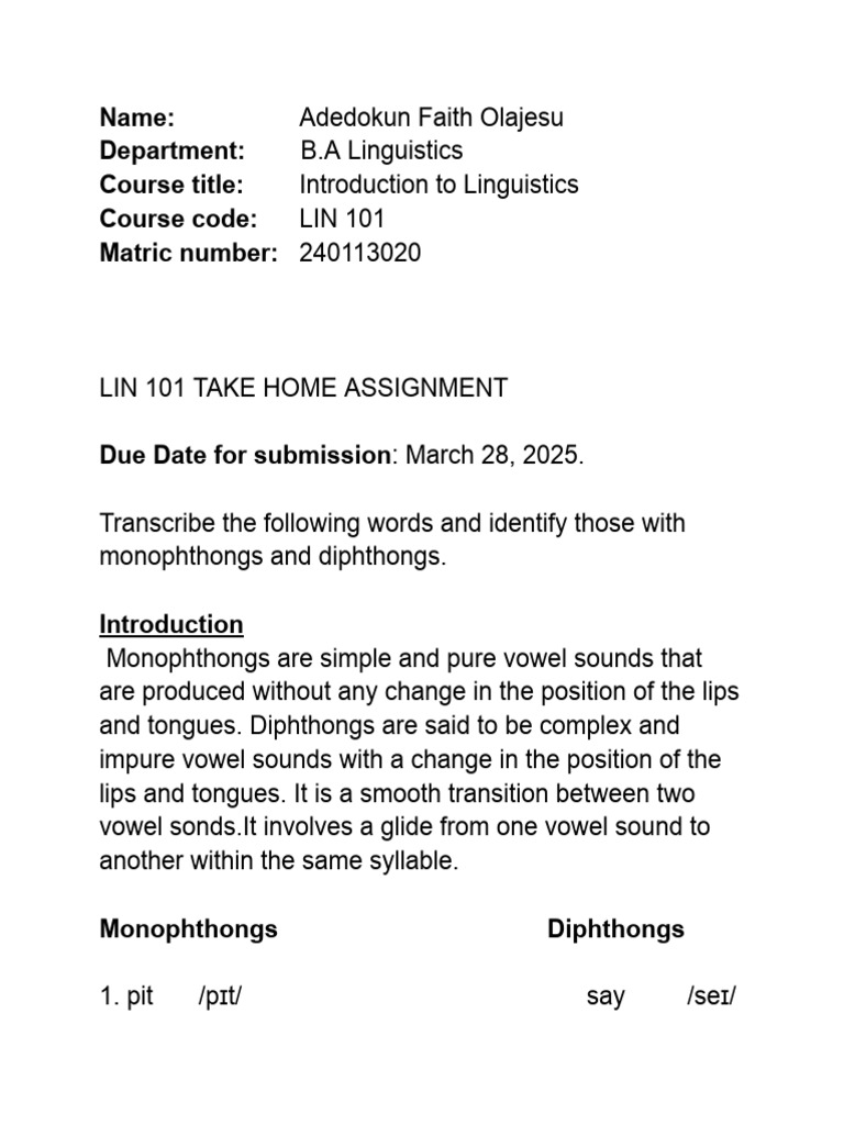 Monophthongs and Diphthongs Analysis | PDF