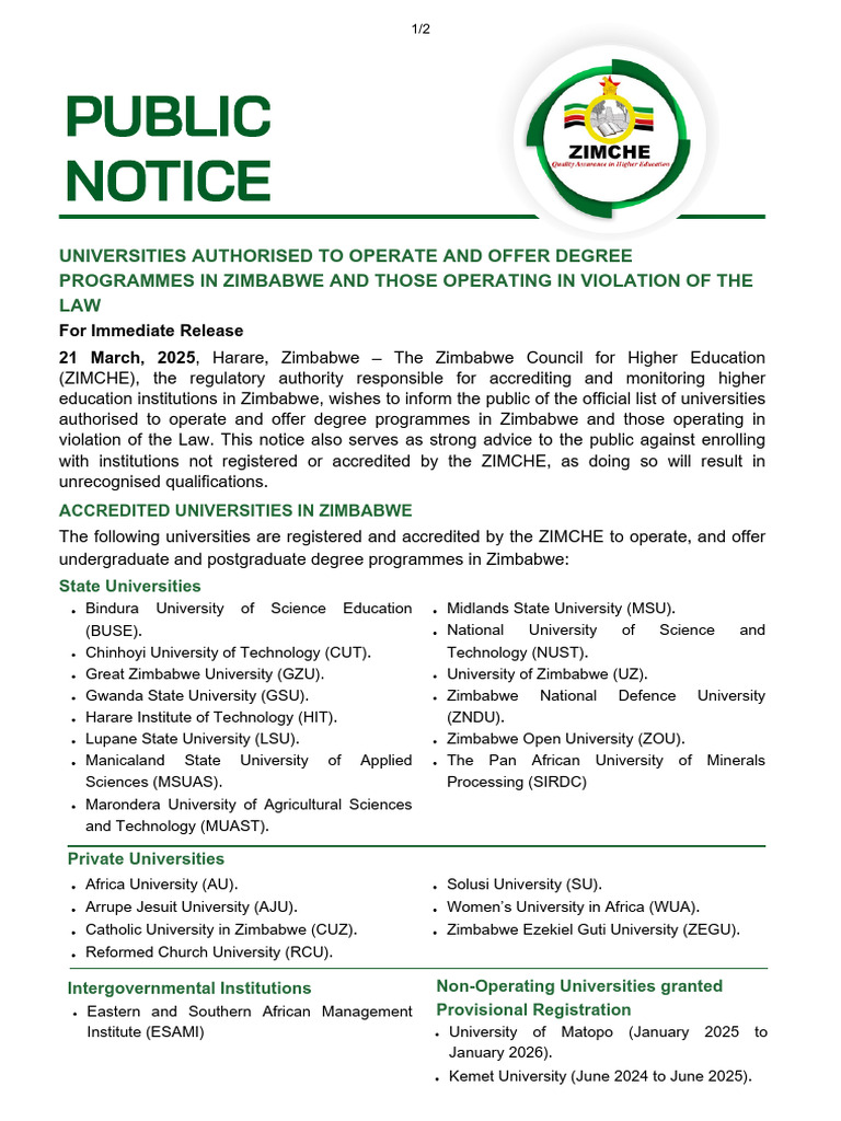 ZIMCHE Public Notice On Universities Authorised To Operate in Zimbabwe ...