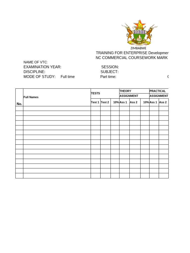 Zimbabwe TFE Coursework Mark Sheet | PDF