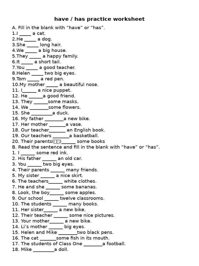 Have Has Practice Worksheet | PDF