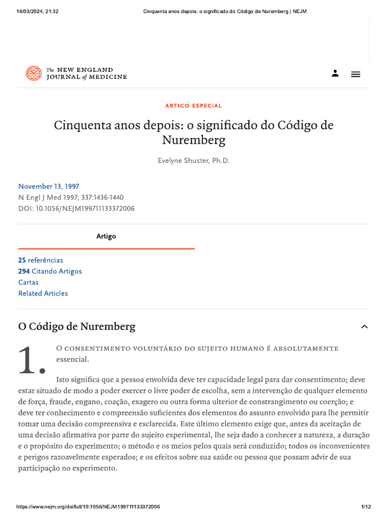 50 Anos Depois. o Significado Do Código de Nuremberg. Português. | PDF