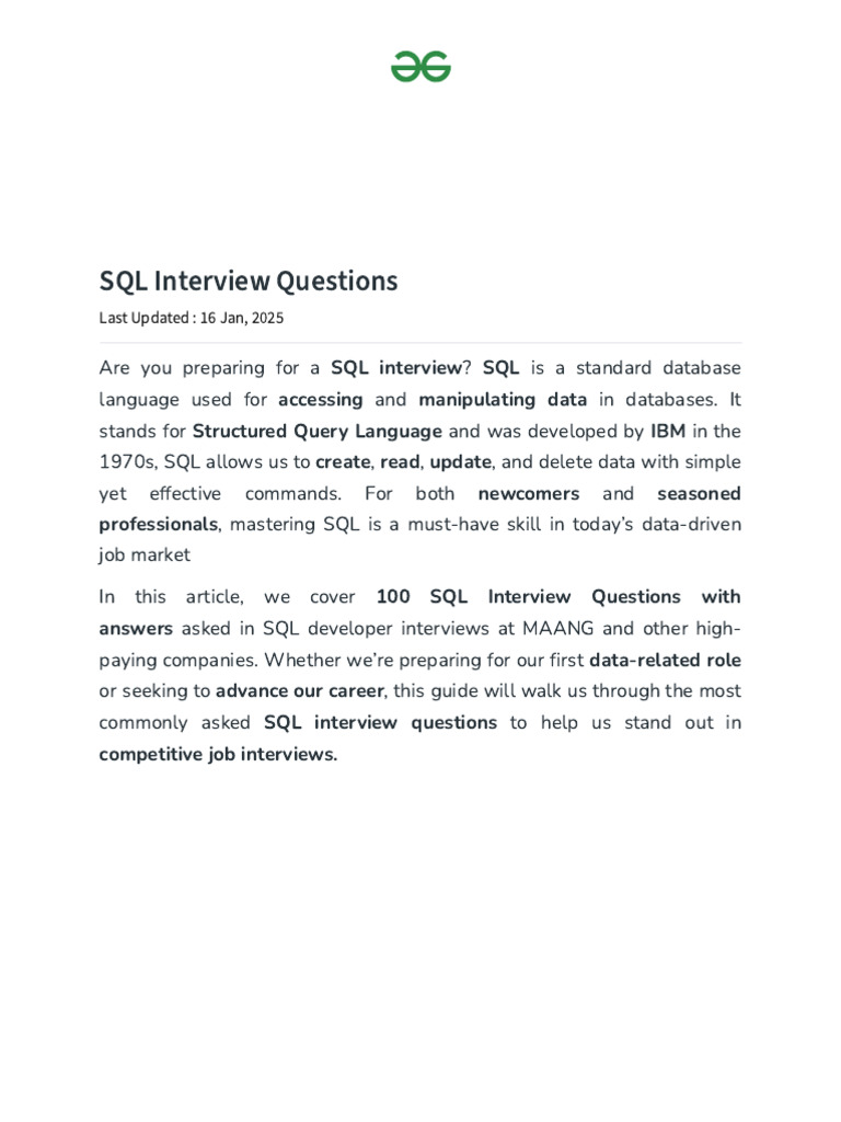 Top 100 SQL Interview Questions and Answers (2025) | PDF | Database Index | Database Transaction
