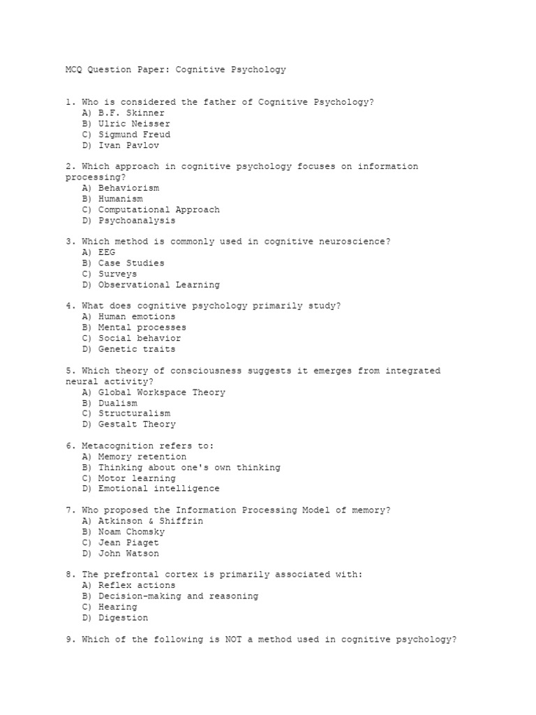 Cognitive Psychology MCQs with Answers | PDF | Attention | Memory