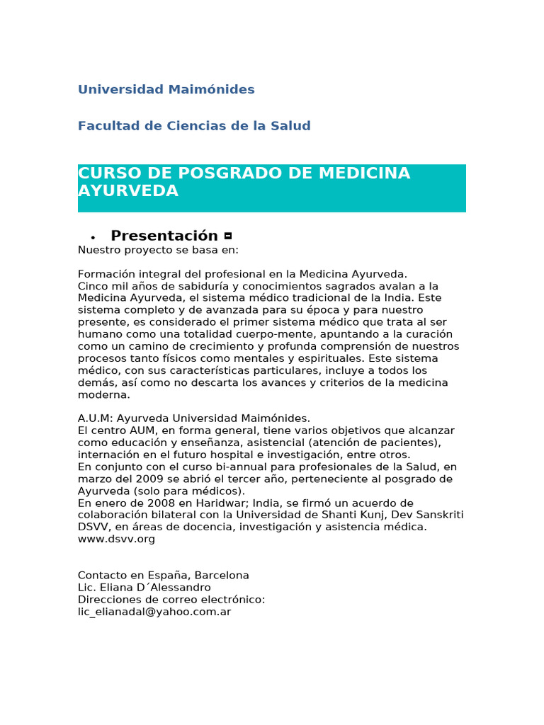 Posgrado en Medicina Ayurveda AUM | PDF | Medicina | Ayurveda