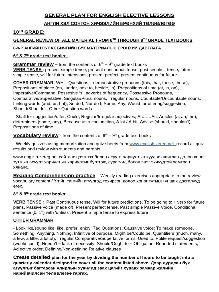 General Plan For English Elective Lessons | PDF