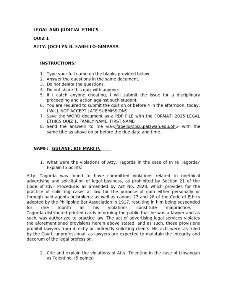 2025 Quiz 1 Legal Ethics | PDF | Conflict Of Interest | Lawyer