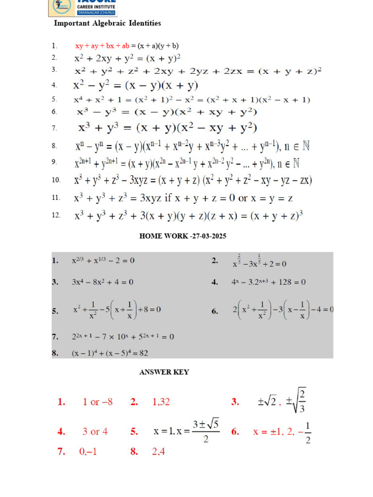 Important Algebraic Identities: Xy + Ay + BX + Ab | PDF