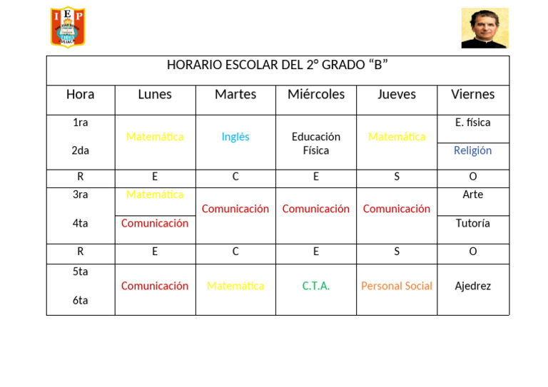 Horario Escolar 2° Grado B | PDF