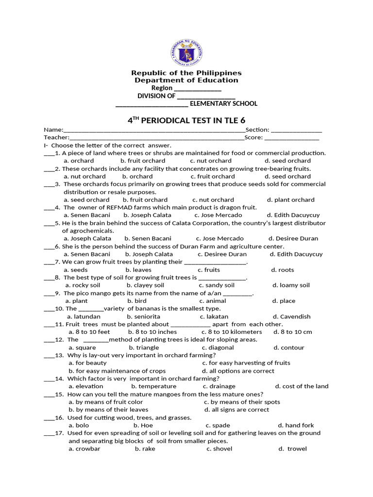 TLE 6 Periodical Test Guide | PDF | Grafting | Manure