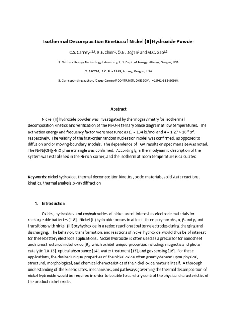 Nickel (II) Hydroxide Decomposition Kinetics | PDF | Chemical Reactions ...