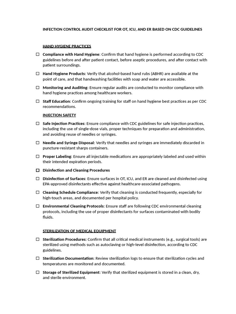 Infection Control Audit Checklist For OT | PDF | Sterilization ...