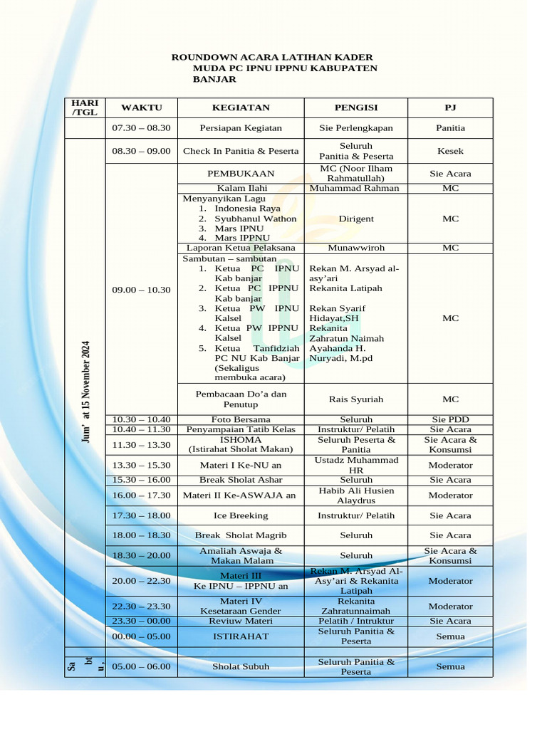 Rundown Acara Latihan Kader IPNU IPPNU | PDF