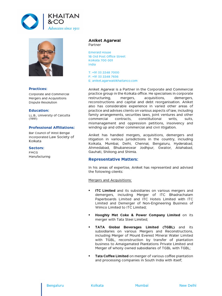 Khaitan & Co CV-Aniket Agarwal | PDF | Kolkata | Business Law