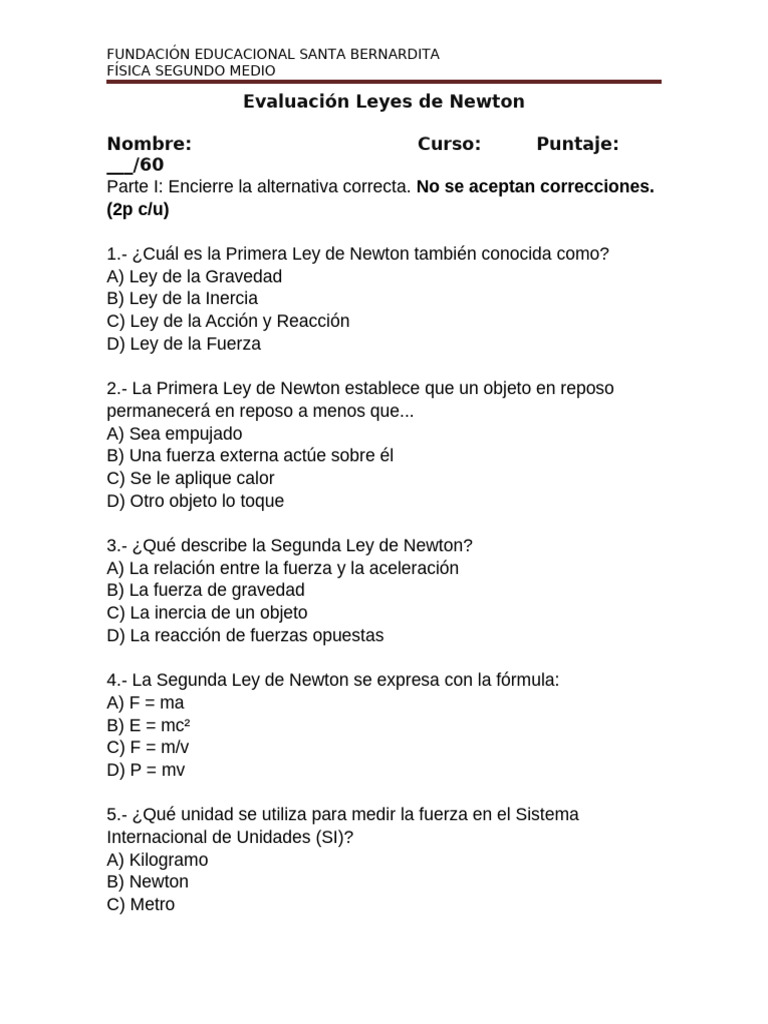 Evaluación Leyes de Newton 2° Medio | PDF | Fuerza | Las leyes del ...