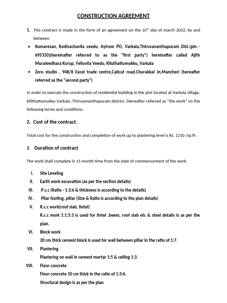CONSTRUCTION AGREEMENT | PDF | Materials | Civil Engineering