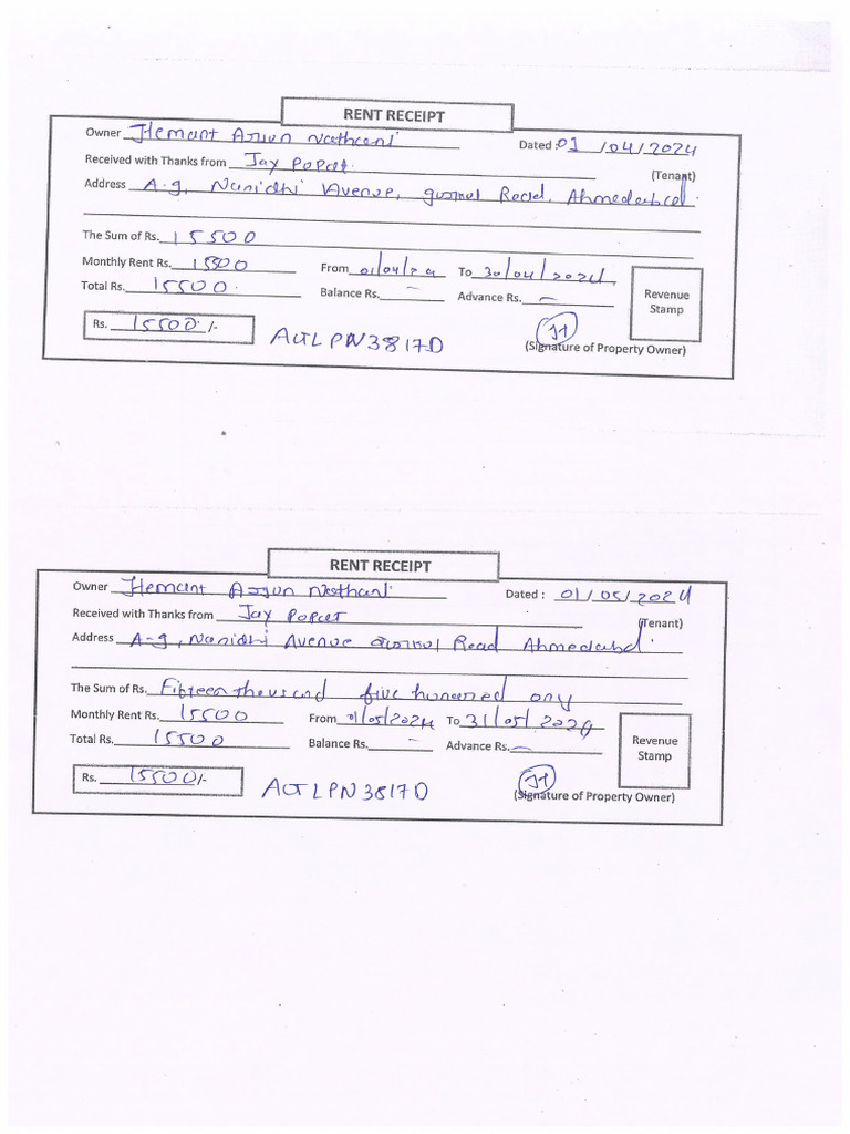 Rent Receipts April-2024 To March-2025 | PDF