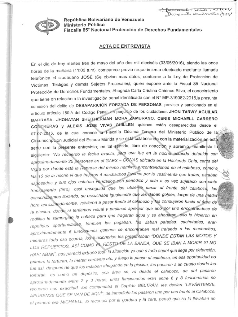 Acta, de Entrevista de Un Testigo Presencial, Realizada en La Fiscalia ...