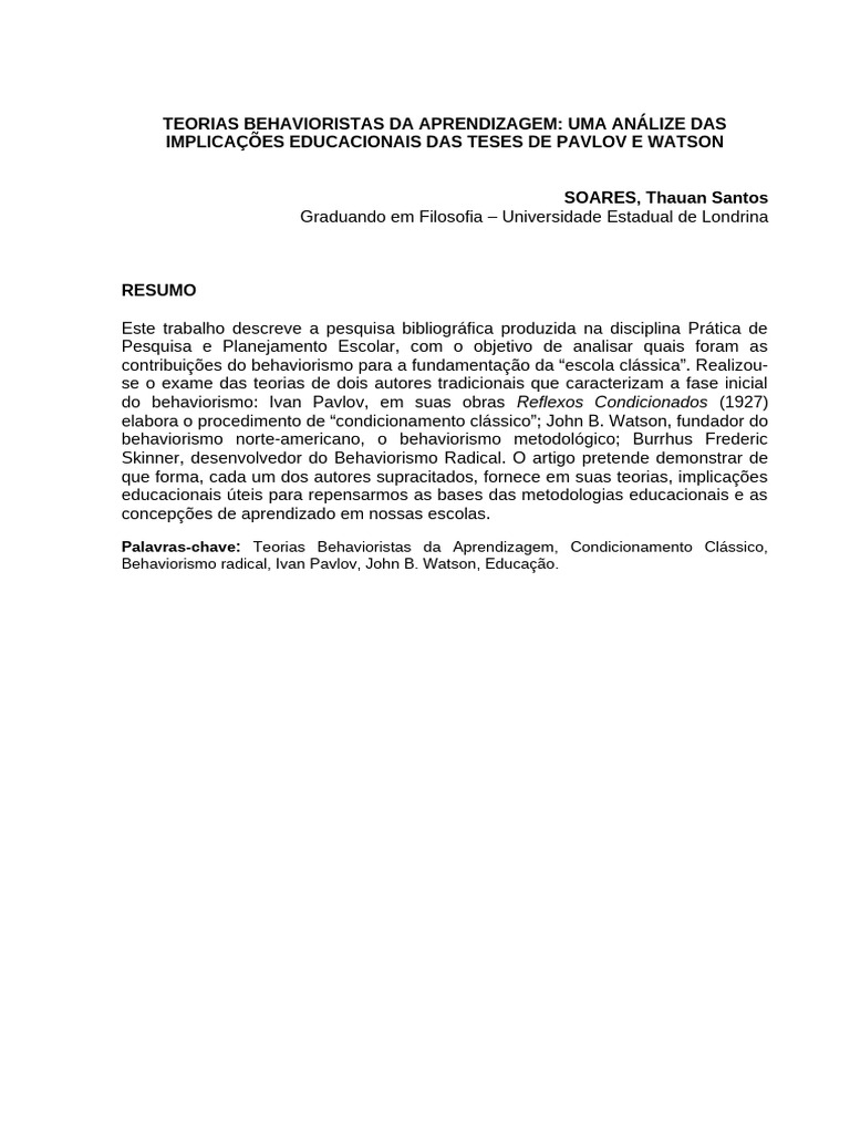 Teorias Behavioristas Da Aprendizagem | PDF | Behaviorismo ...
