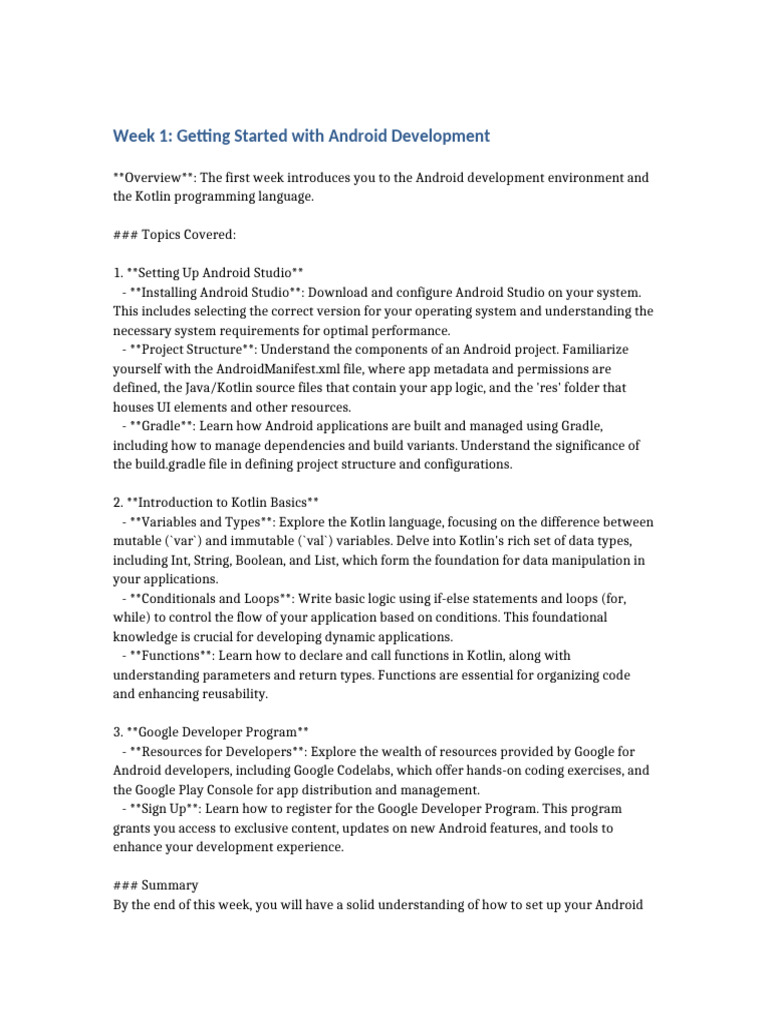 Android Development Week 1 Overview | PDF | Android (Operating System) | Software Development