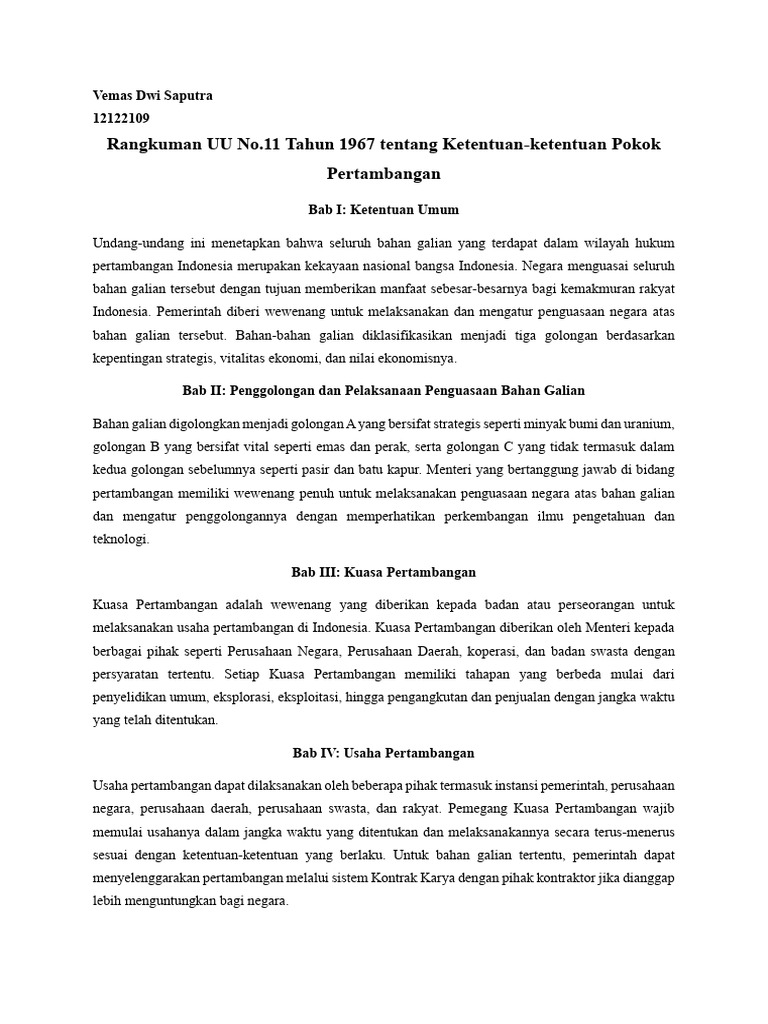 Rangkuman UU No.11 Tahun 1967 Pertambangan | PDF