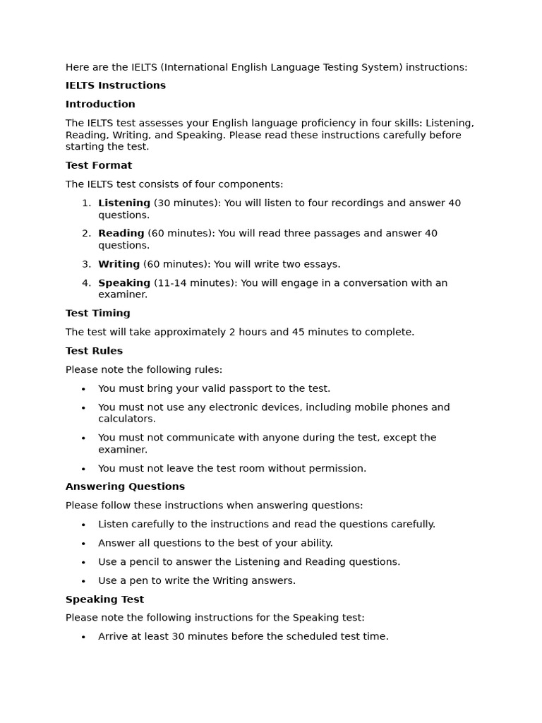 IELTS Exam Instructions and Rules | PDF