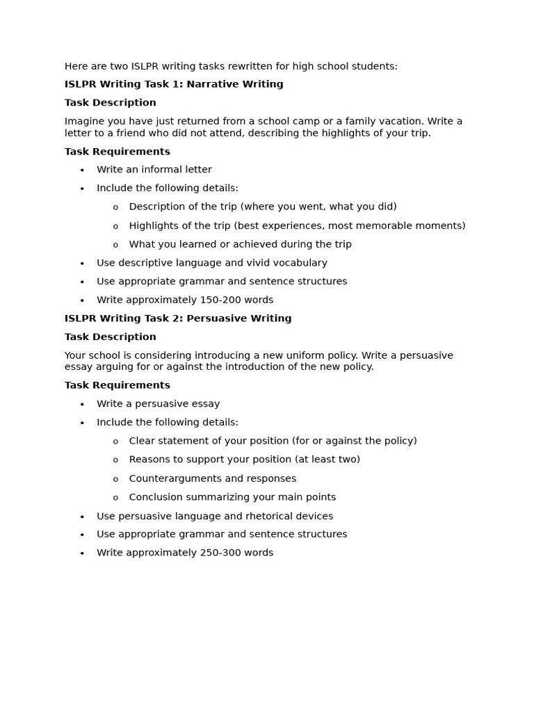 ISLPR Writing Tasks for Students | PDF