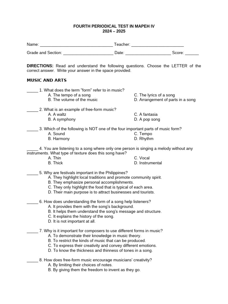 MAPEH IV Fourth Periodical Test 2024-2025 | PDF | Dieting | Dances