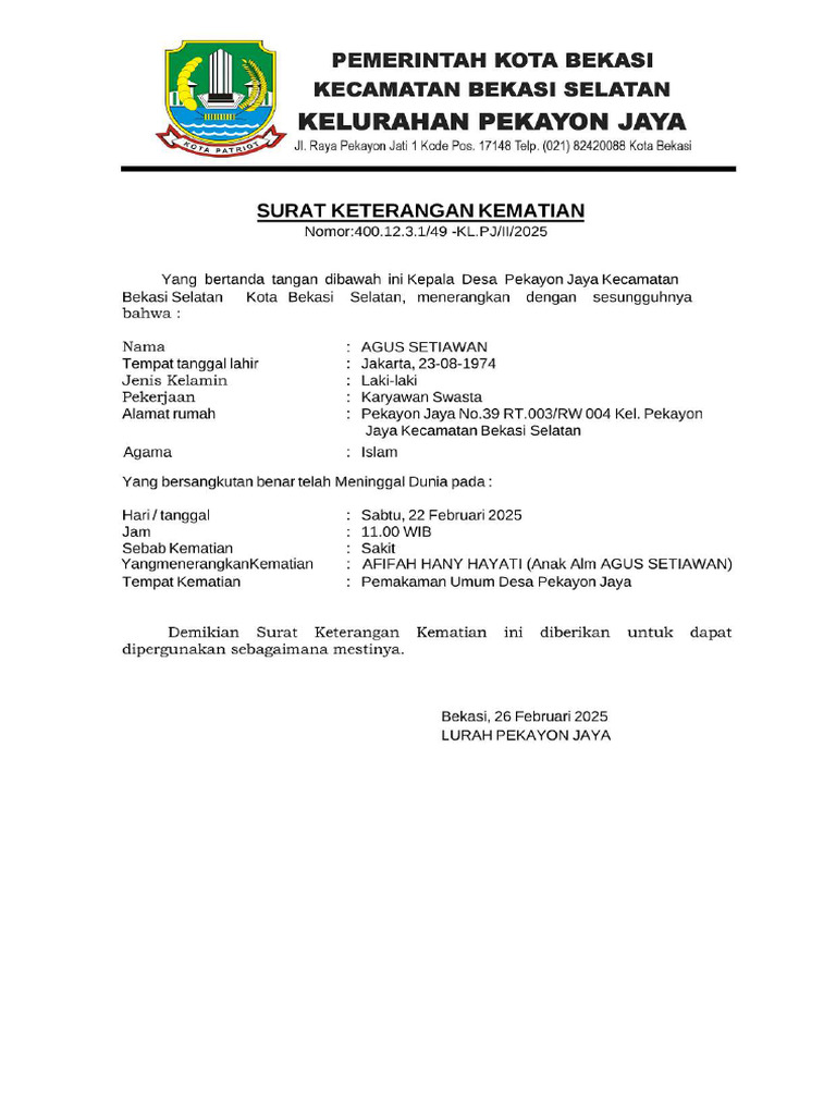 Surat Kematian Agus Setiawan | PDF
