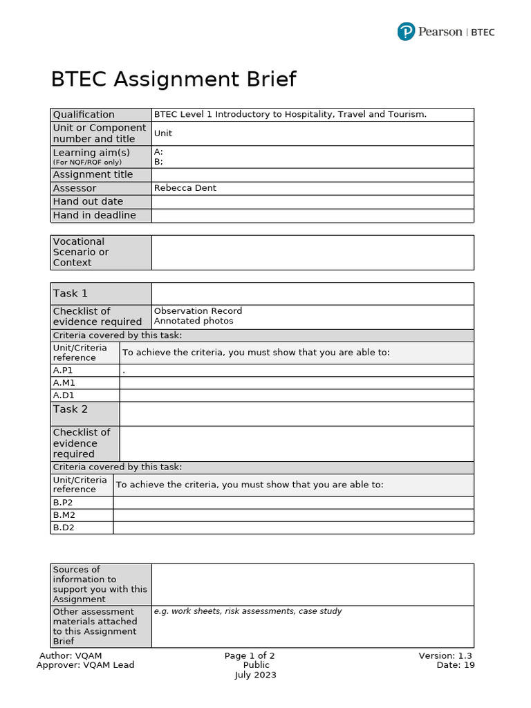 BTEC Level 1 Hospitality Assignment Brief | PDF