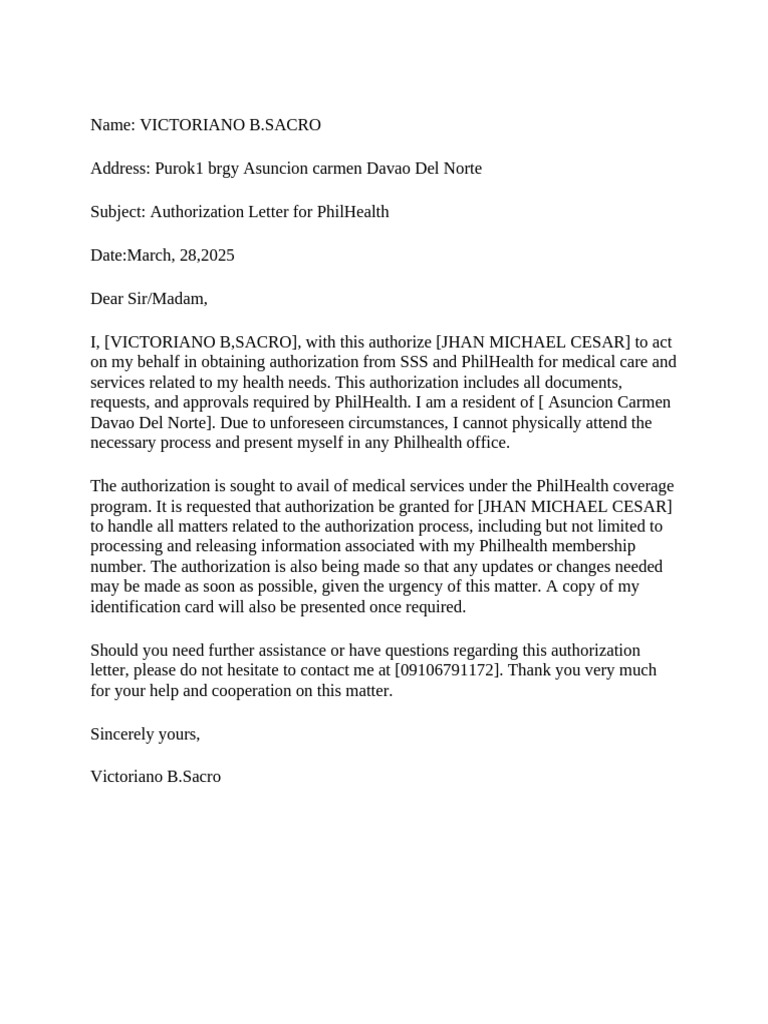 630418637-authorization-letter-for-philhealth-docx | PDF