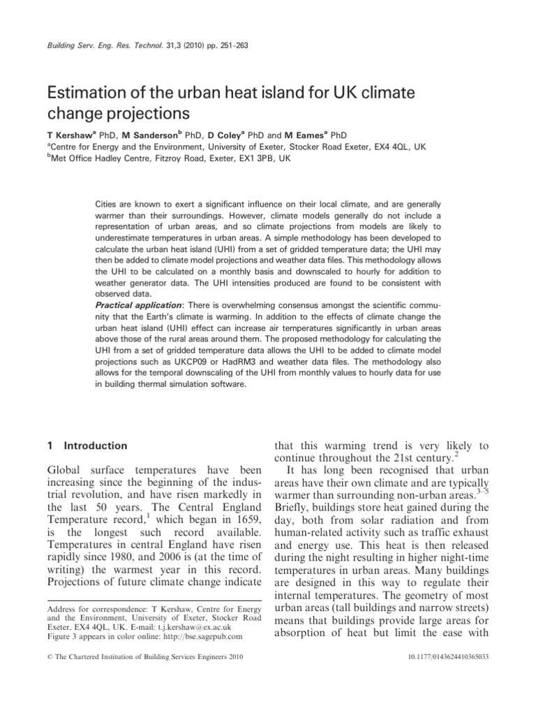Kershaw Et Al 2010 Estimation of The Urban Heat Island For Uk Climate Change Projections | PDF ...
