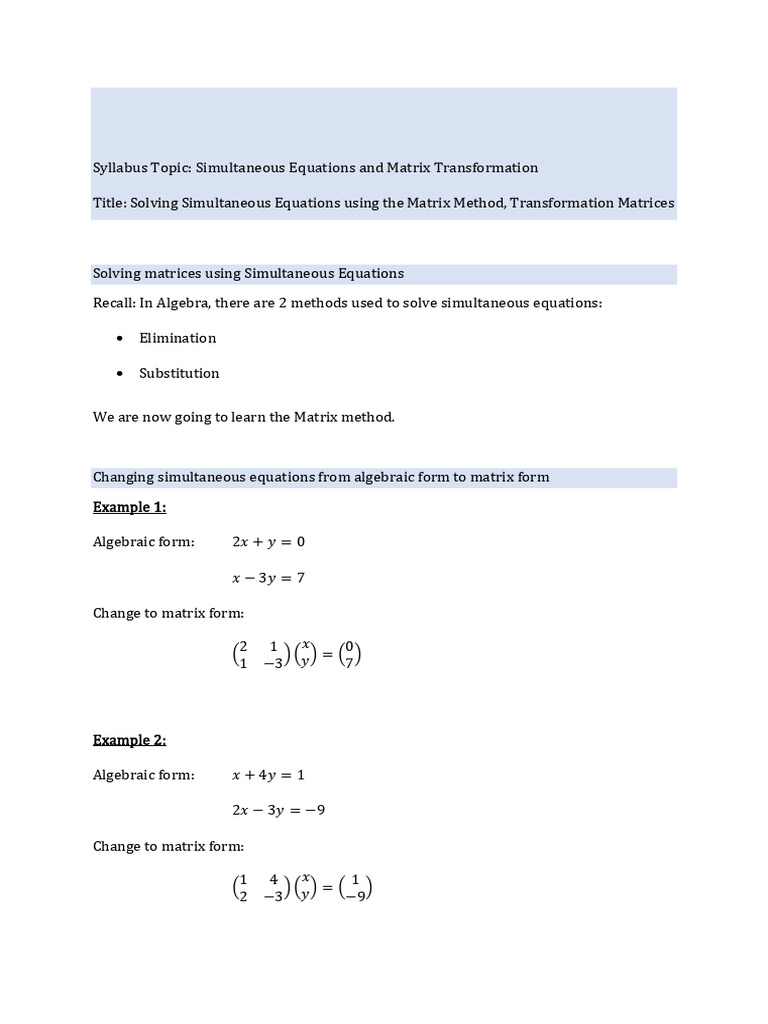 Solving Simultaneous Equations with Matrices | PDF | Matrix ...